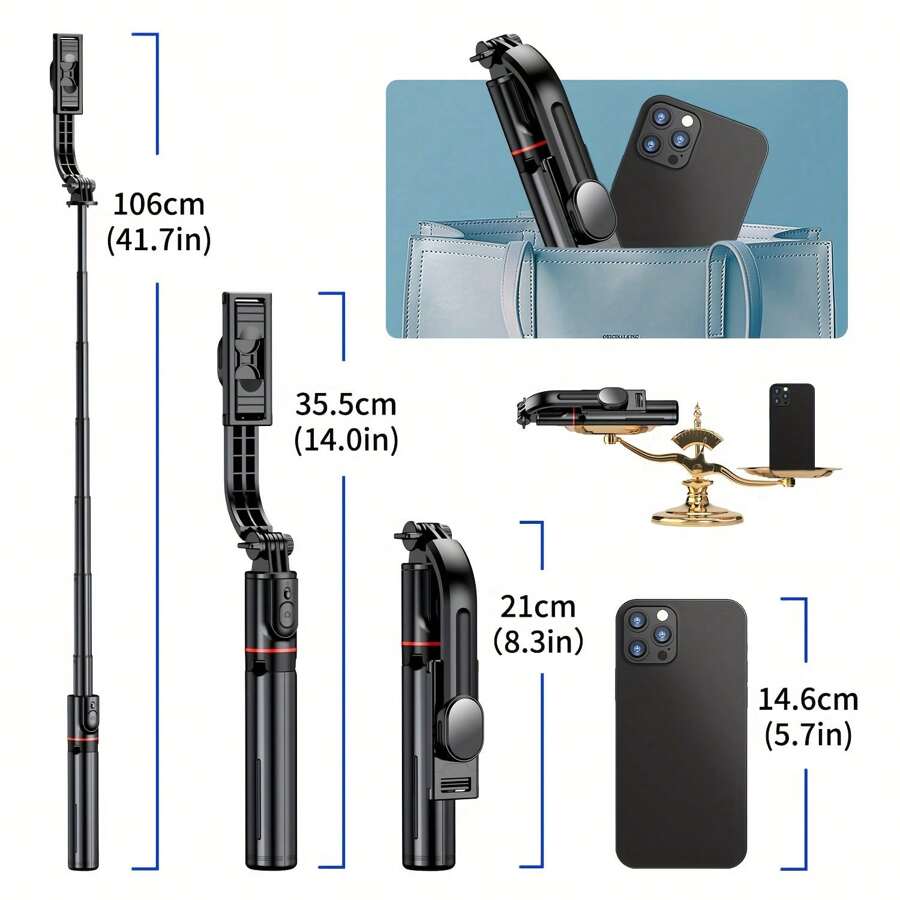 42.7in Selfie Stick Tripod With Front & Rear Lights, Detachable Remote ...