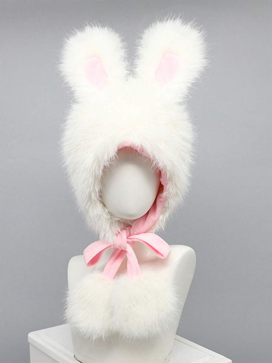 1pc Soft & Cute Long Droopy Ear Rabbit Hat, Gray Fluffy Wolf Ear Beanie ...
