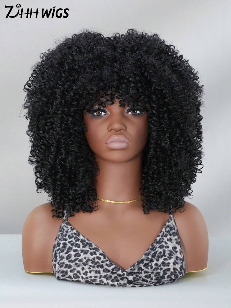 7JHH WIGS Peluca rizada rizada negra de fibra sintética de 16 pulgadas ...