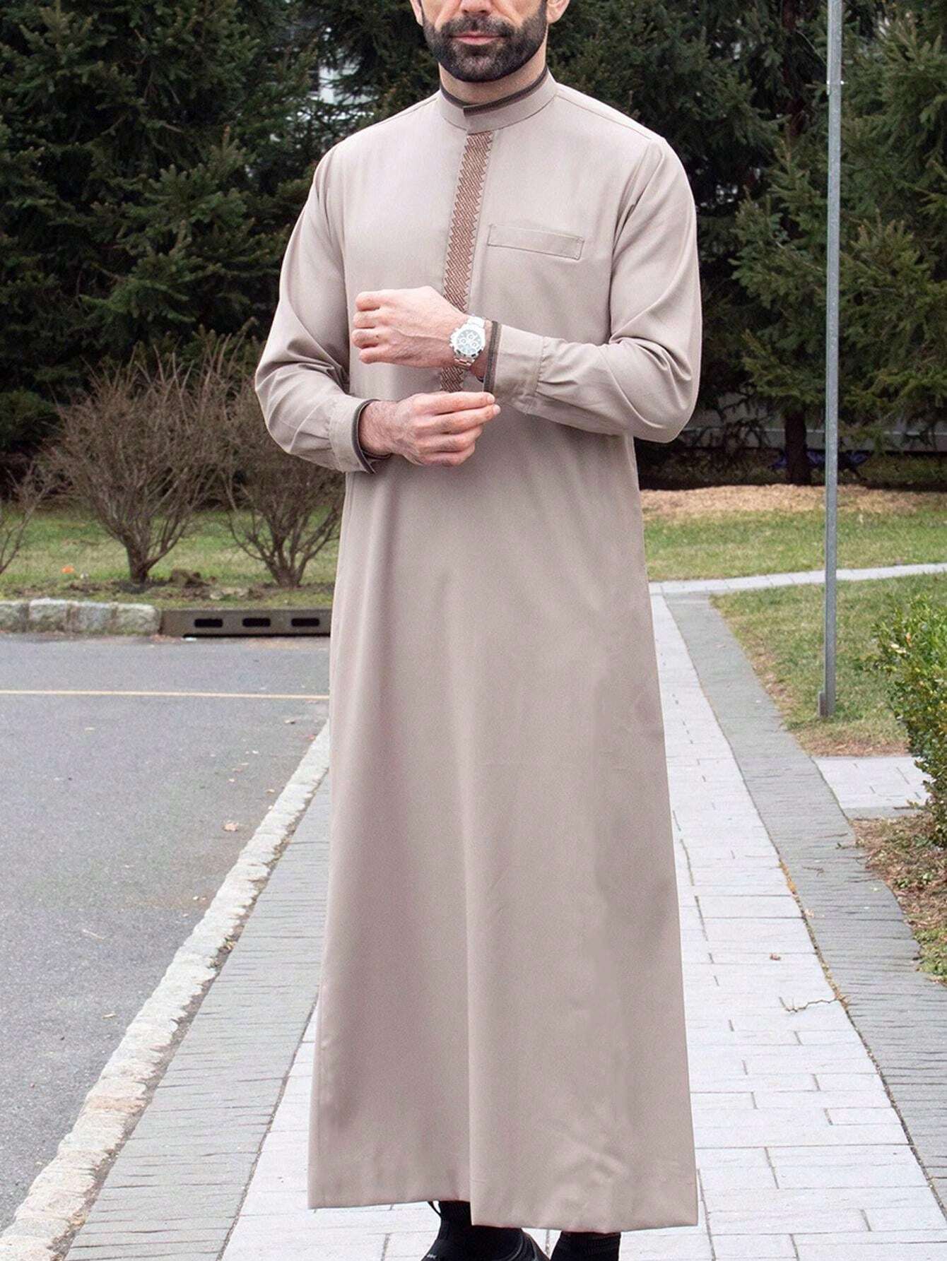 Islamic Muslim Arabic Casual Men's Abaya Long Sleeve Embroidered Stand ...