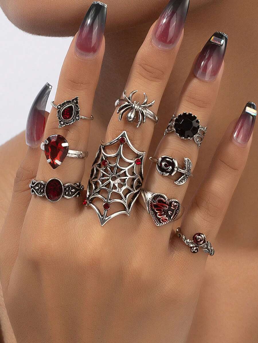 9 Pcs Dark Red Rose Spider Net Victoria Vampire Goth Gothic Stacked ...