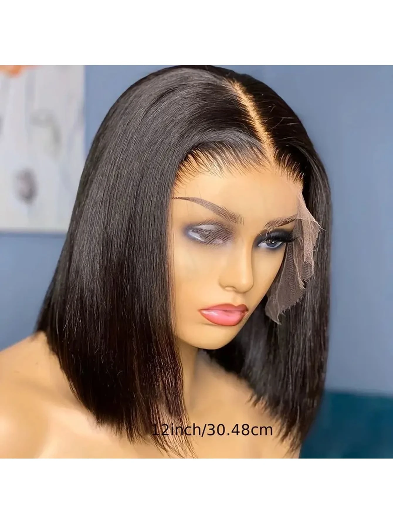 Perruque bob transparente en dentelle noire naturelle 13x4 en cheveux humains de couleur noire ...