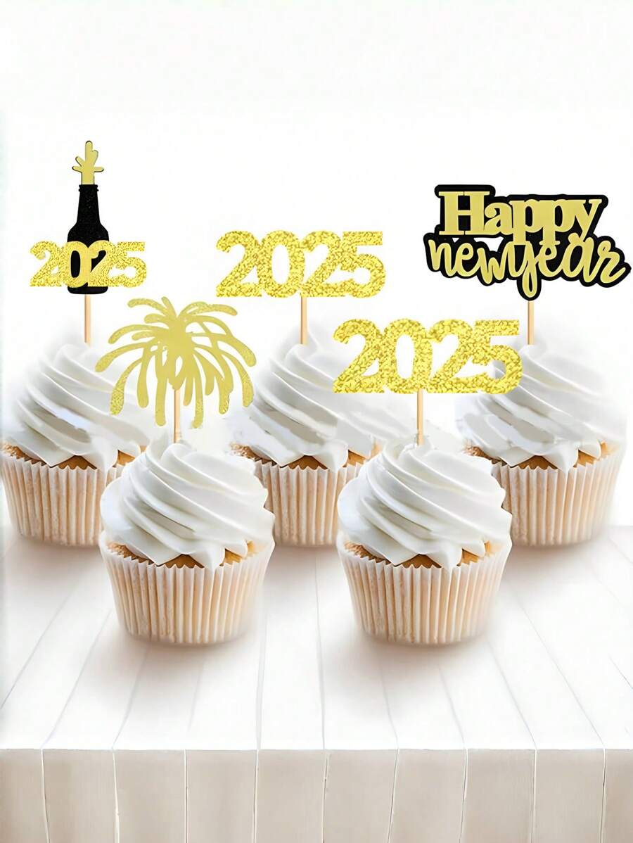 12pcs-New Year Cupcake Toppers Gold Glitter Cheers To 2025 Cupcake ...