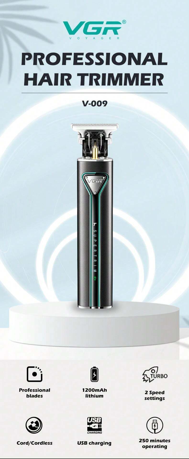 VGR גוזם שיער VGR אלחוטי חשמלי נייד גוזם שיער מתכת נטענת 2 מהירויות ...