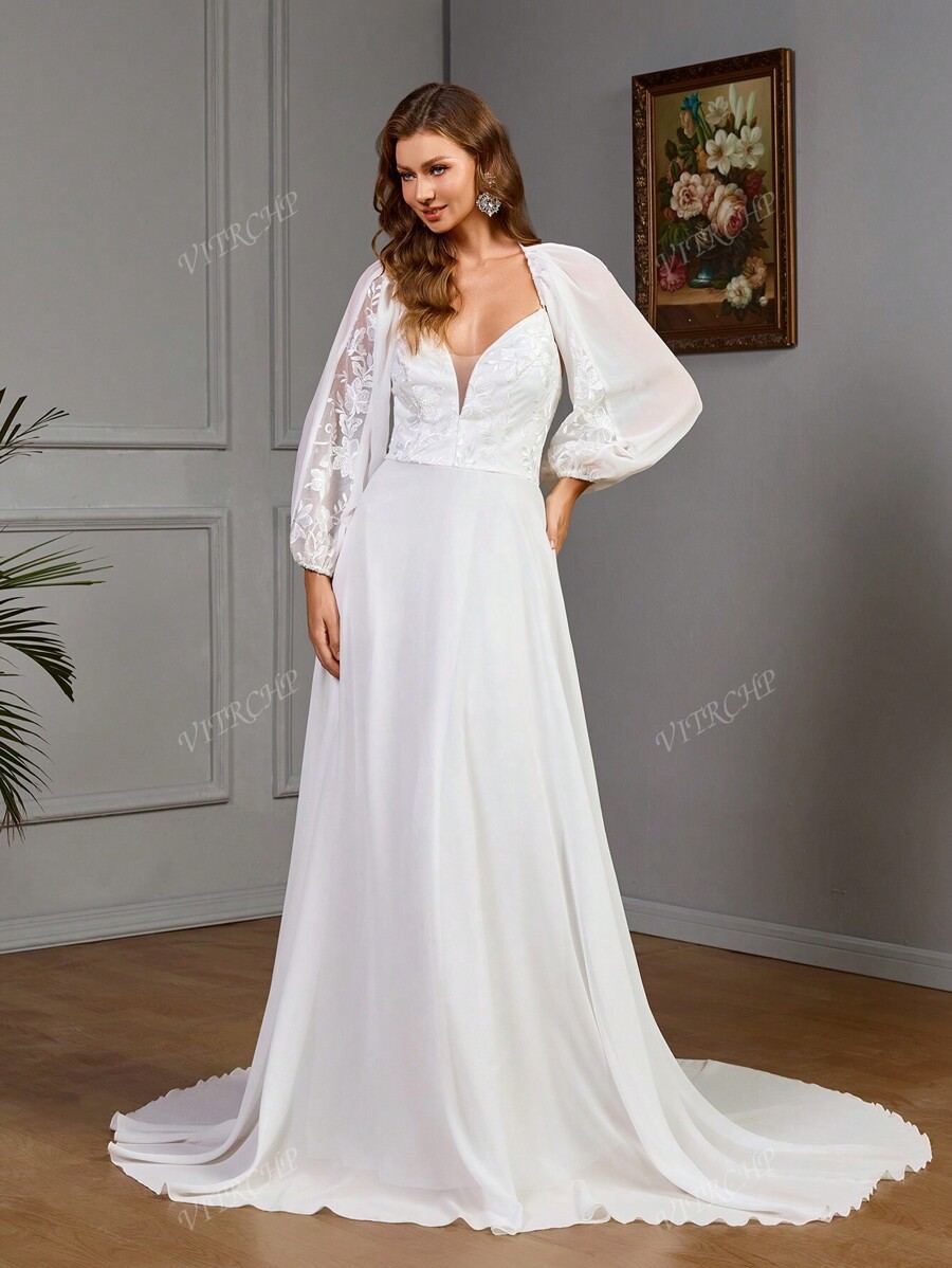 Women's Elegant Heart-Shaped Collar, Lantern Sleeve, Waist-Cinching ...