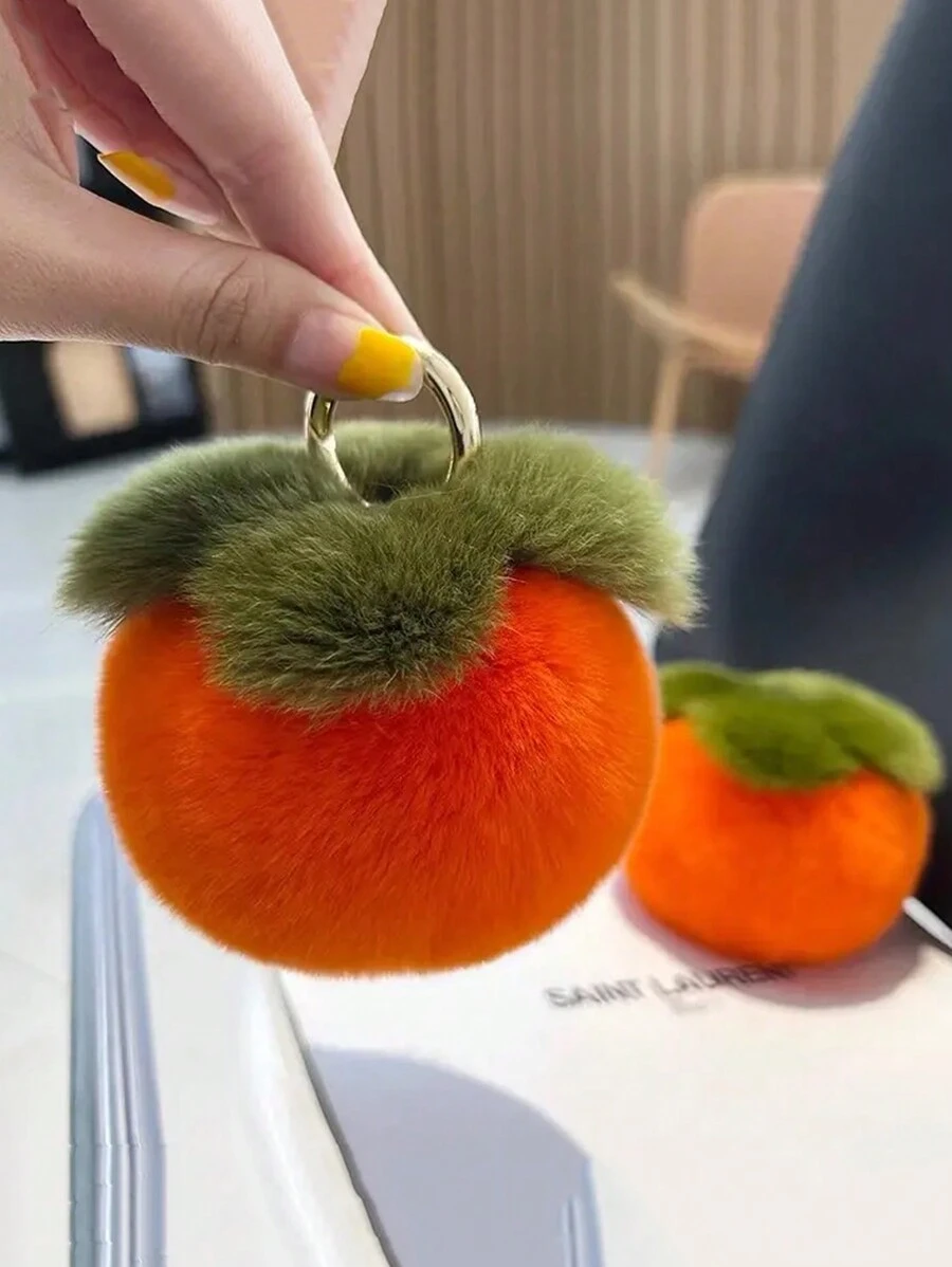1Pc Chic Fur Persimmon Keychain - Plush Pom-Pom Charm For Women ...