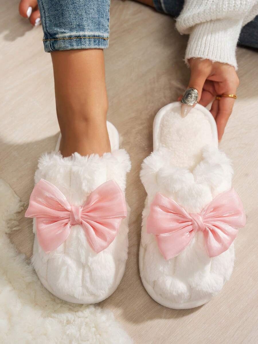 Women's Bowknot Slippers, Warm Plush Indoor House Slippers For Autumn ...