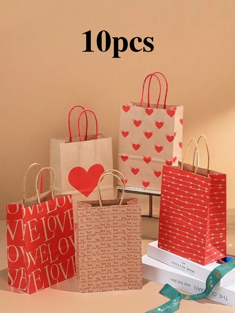 4pcs/10pcs Kraft Paper Gift Bags, Valentine's Day, Wedding, Heart ...