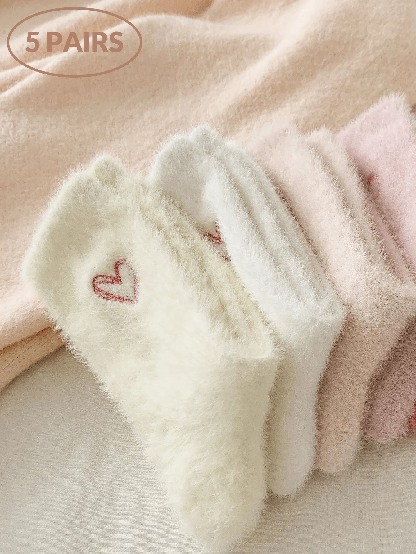 5 Pairs Ladies Cute Embroidered Heart Warm Fluffy Socks, Plush Sherpa ...