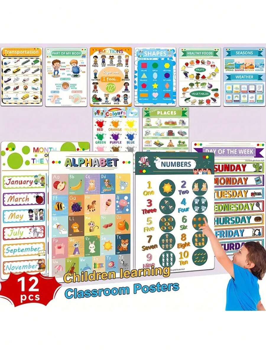 12 Pcs Educational Posters For Kids - Laminated Learning Charts, ABC ...