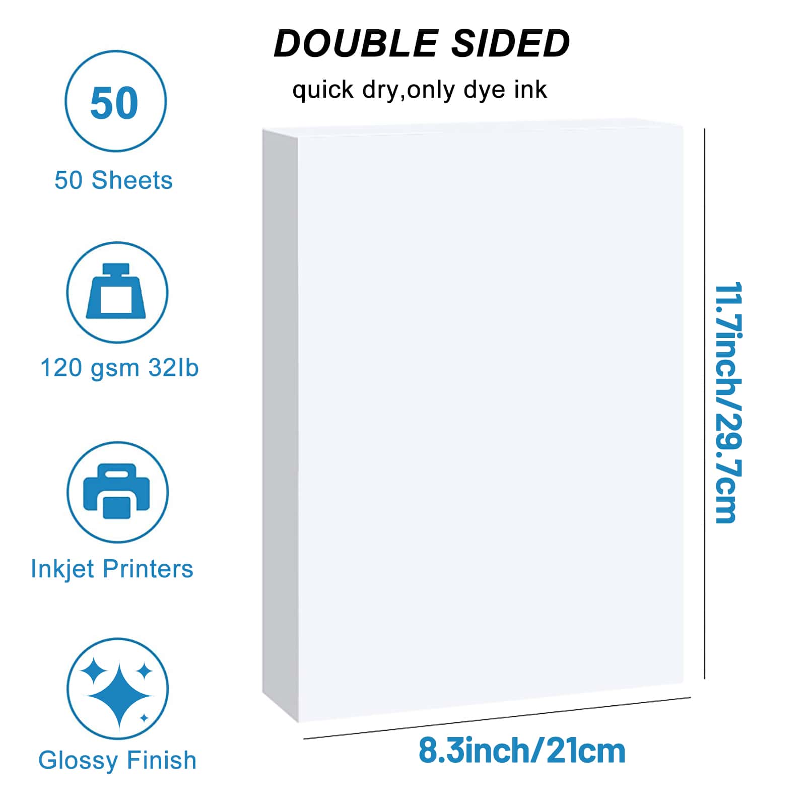 50 Sheets A4 Size Premium Double-Sided Glossy Photo Paper, 120GSM, 8.3 ...