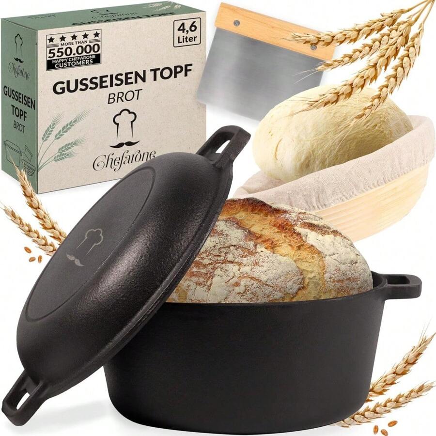 Cast Iron Pot 2-In-1 With Proofing Basket And Dough Scraper. Bread ...