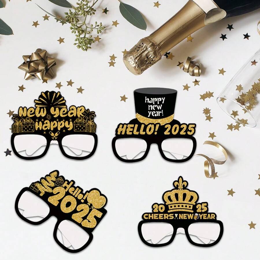 12PCS 2025 New Year Party Paper Glasses, Glitter Black Gold Star Goblet ...