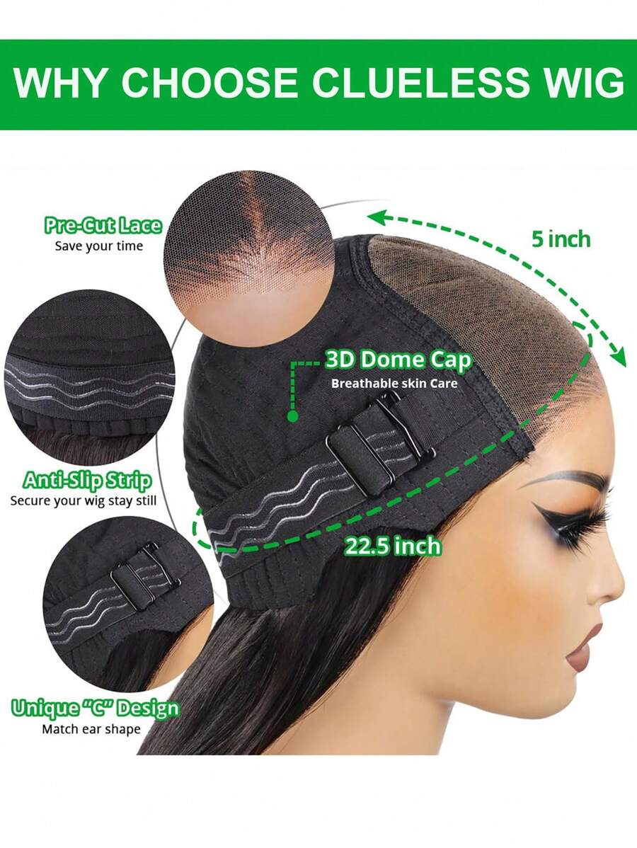 Perruque sans colle à porter et partir, cheveux humains pré-épilés et pré-coupés, perruque à ...