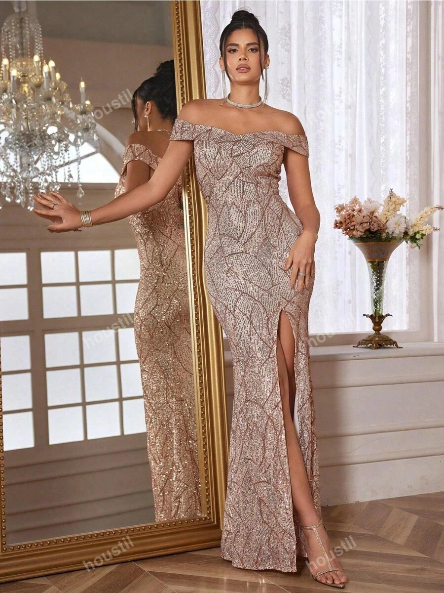 Off Shoulder Sequin High Slit Prome Sequin Evening Dress Prom Dresses ...