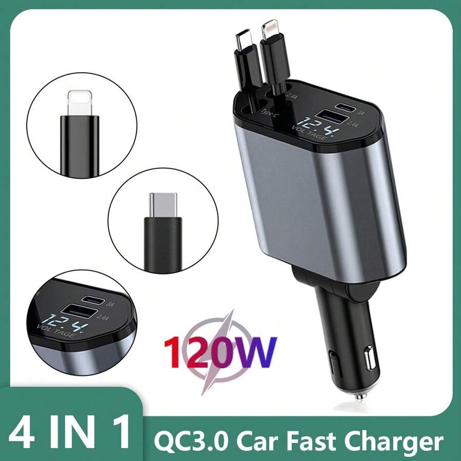 1 pieza Cargador para coche de 120W 4 en 1 con cable retráctil, pantalla de voltaje digital ...