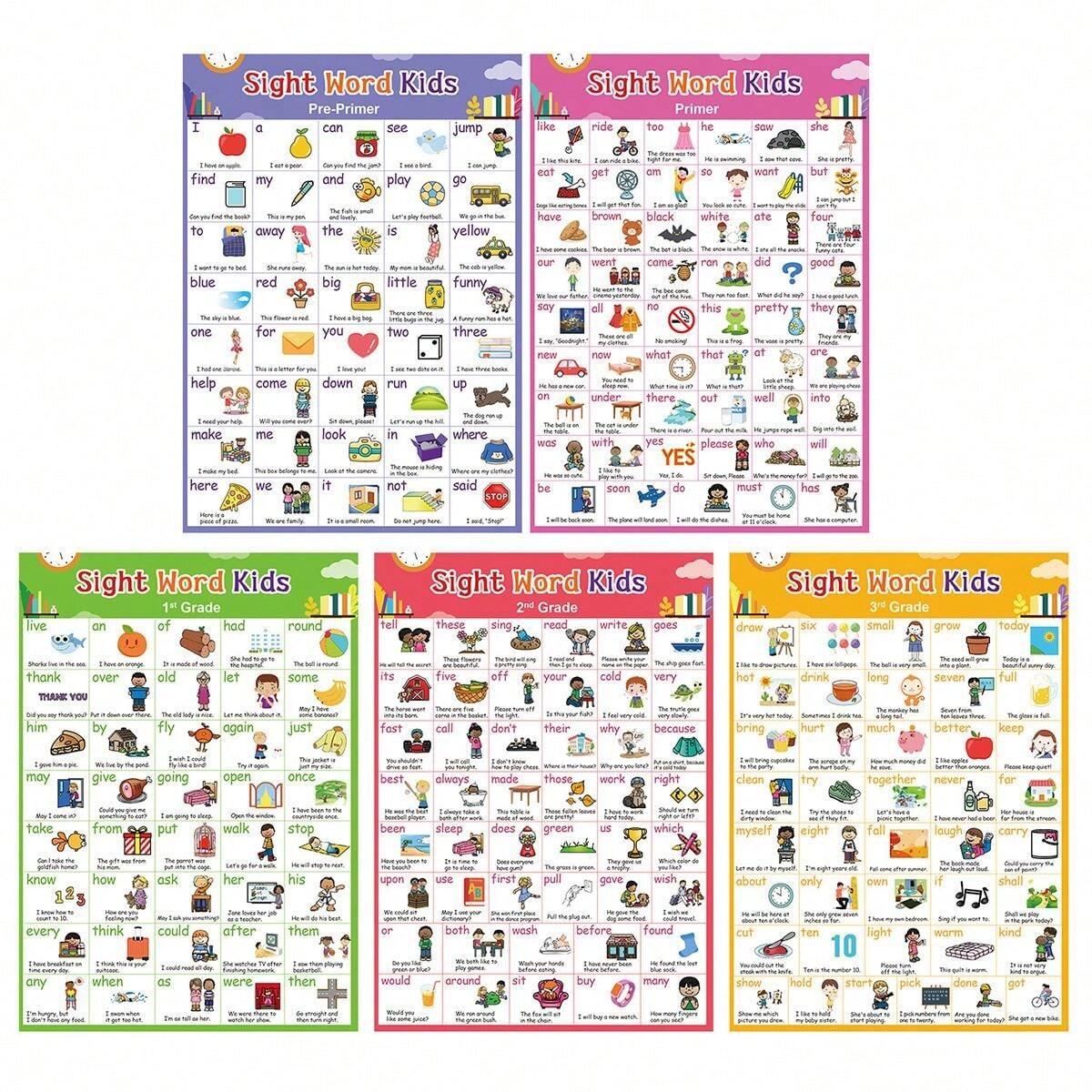 5PCS Sight Words Chart Educational Poster With Pictures & Sentences ...