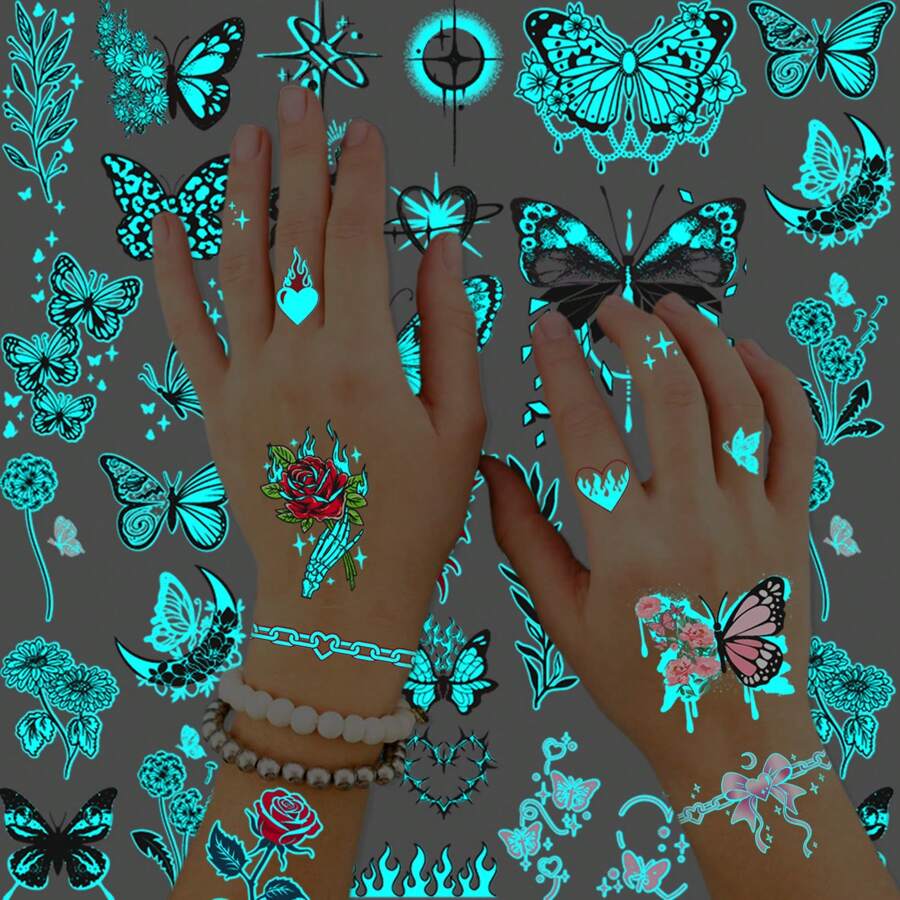 16pcs Glow In The Dark Butterfly Temporary Tattoos, Blue Fluorescent ...