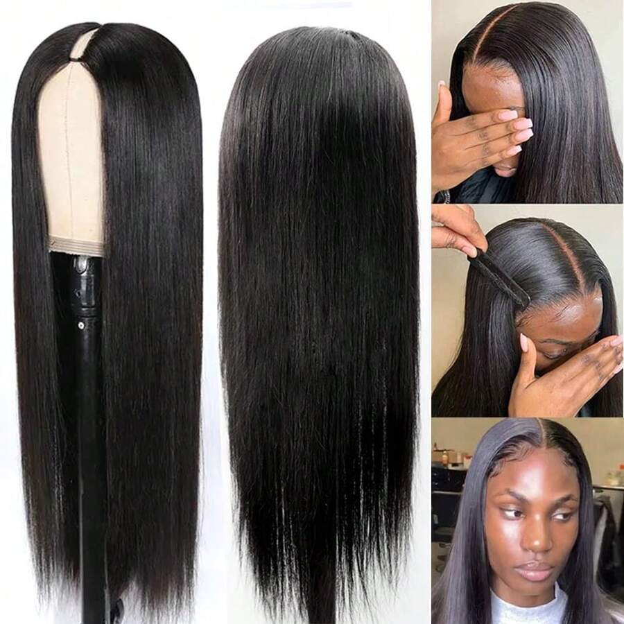 V Part Wig Human Hair Straight Brazilian Virgin Mixed Human Hair Wigs ...