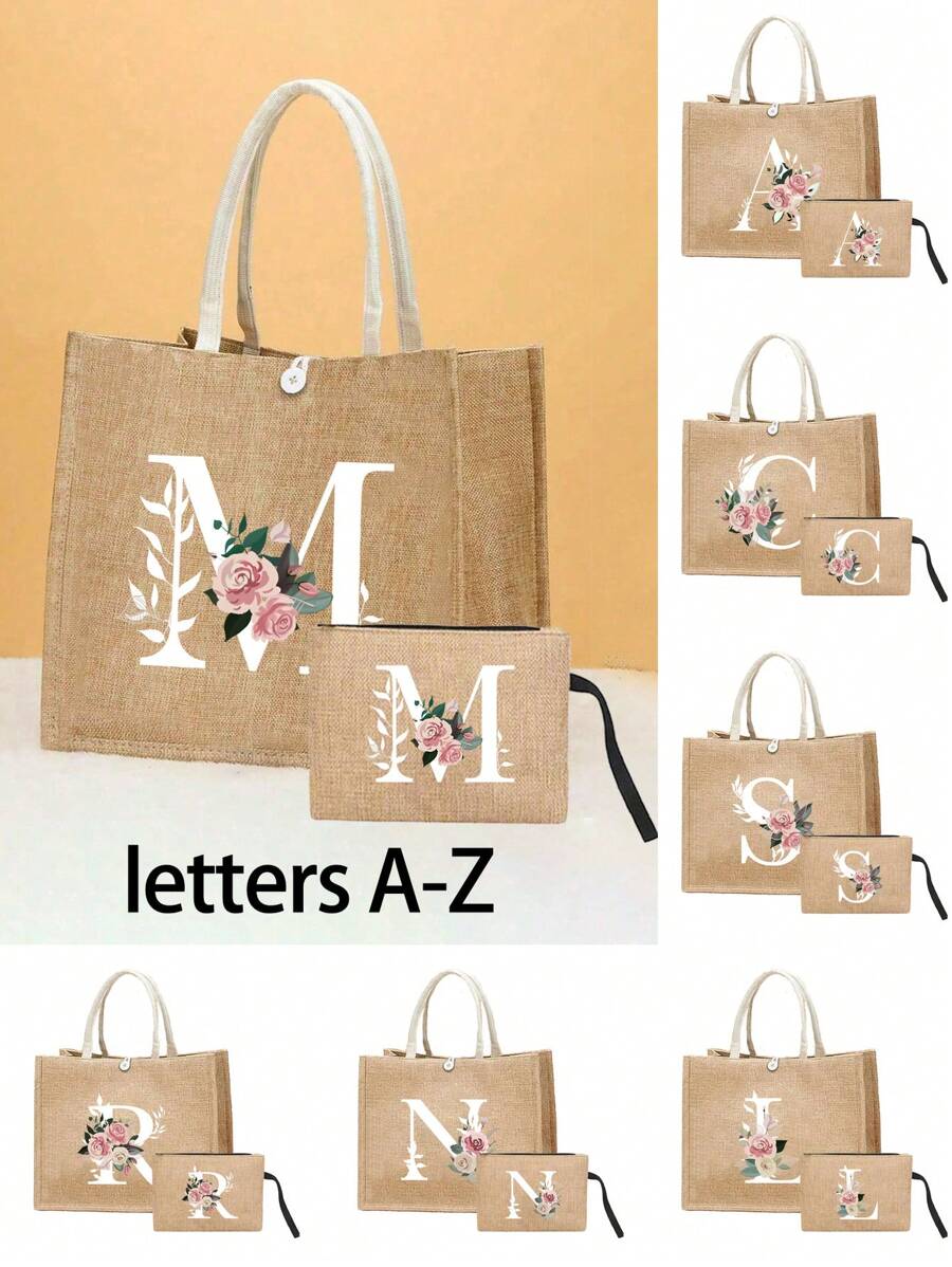 1 Set Of 2 Linen Tote Bags - 1 Bag With A-Z Letters, 1 Bag With Letters ...