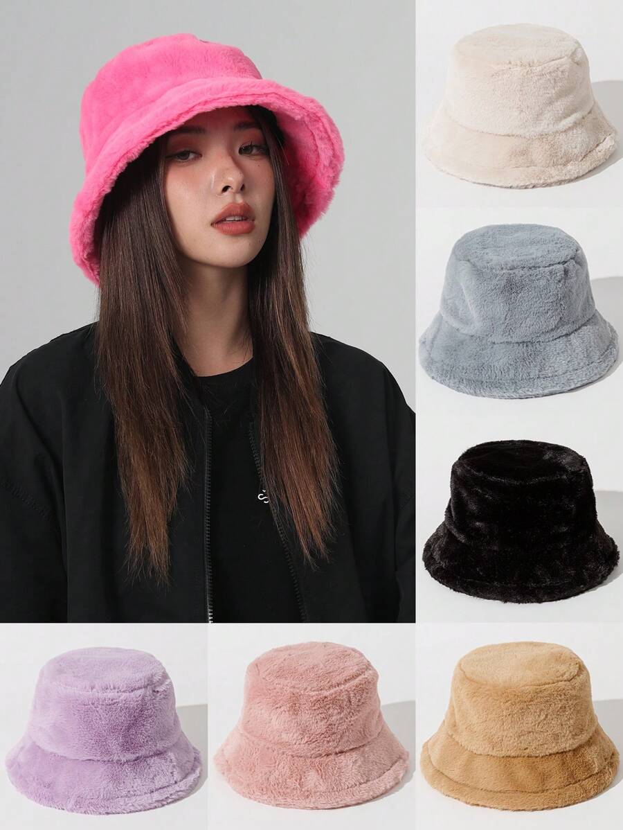 1pc Solid Color Plush Bucket Hat For Fall, Soft & Warm Beanie Cap For Couples' Casual, Outdoor ...