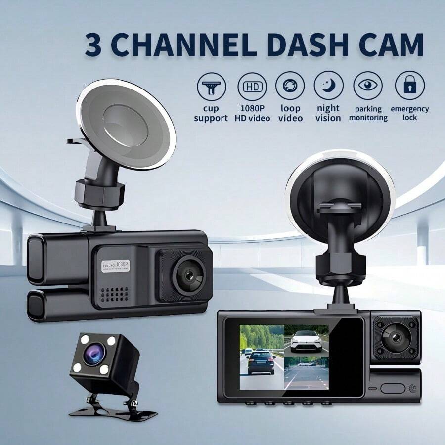 Vavupo 3 Channel Car DVR HD 1080P 3-Lens Inside Vehicle Dash Cam Three ...