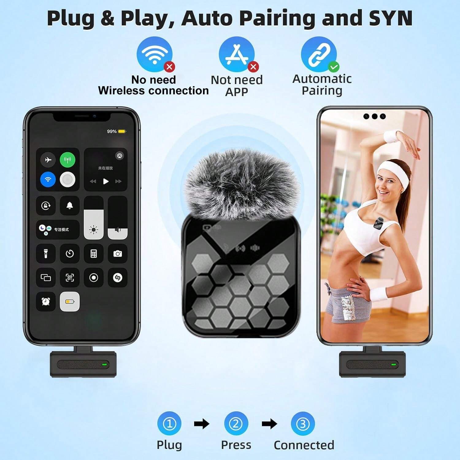 Microfono lavalier senza fili compatibile con iPhone, Type-C, Android e ...