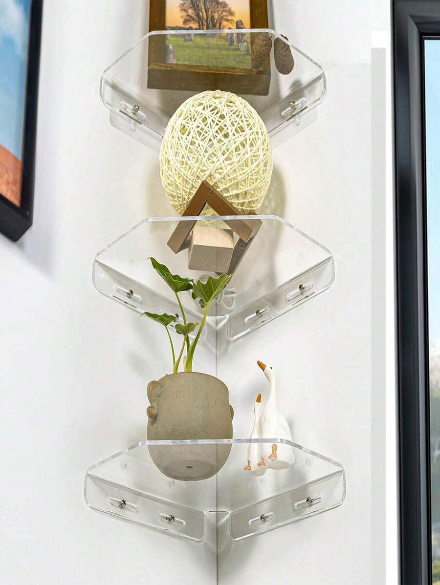 3pcs Acrylic Floating Wall-Mount Corner Shelf Rack With Square Acrylic ...