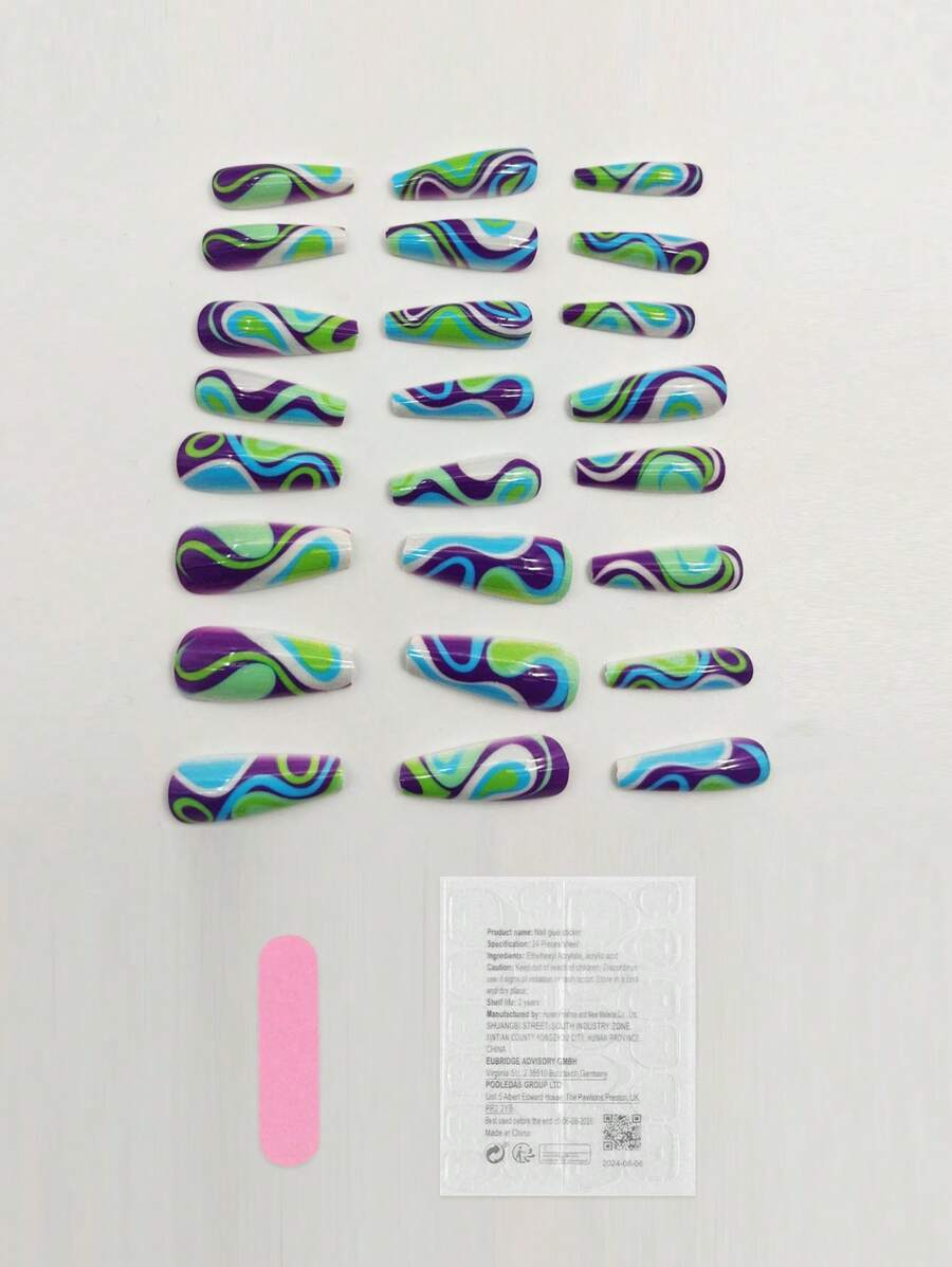 24pcs/Box Ballet Coffin Shape Snap-On Nails, Colorful Swirl Design Full ...