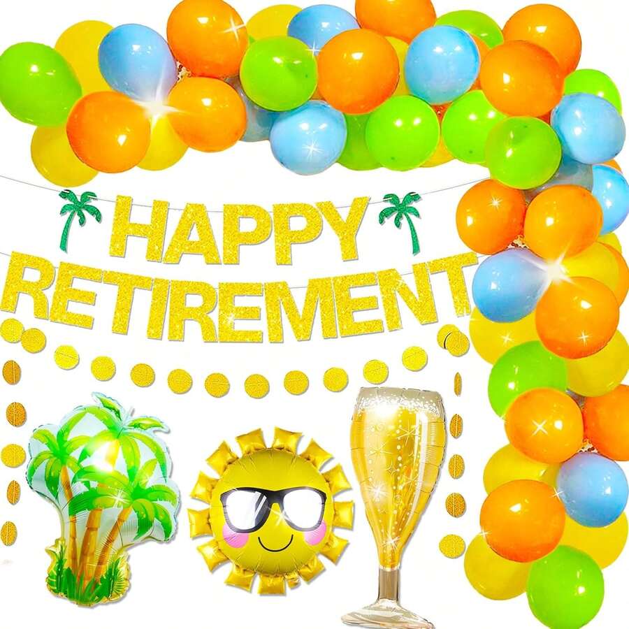 LaVenty LaVenty Beach Happy Retirement Banner Sign Balloons Retirement ...