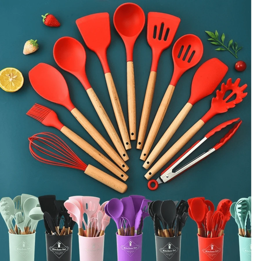 Silicone And Bamboo Kitchen Utensils Kit 12 Pieces | SHEIN PT