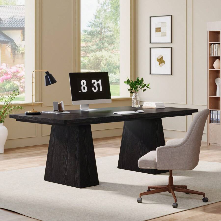 LITTLE TREE LITTLE TREE 63-Inch Executive Desk, Modern Black Office ...