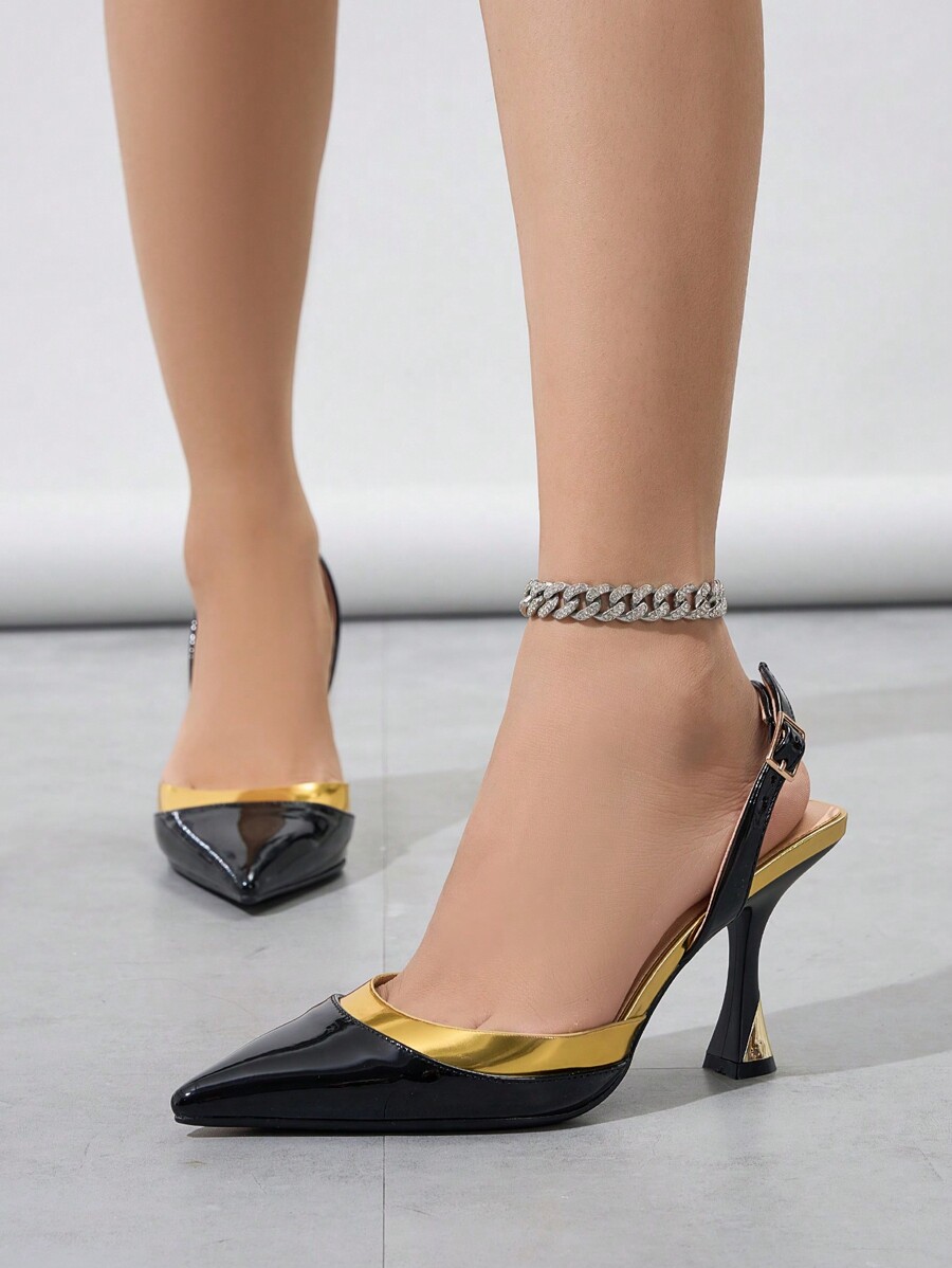Women Classic Enamel Leather Contrasting Color Block Pointed Toe High ...