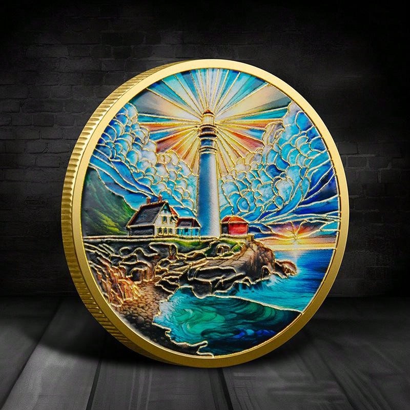 Moneda conmemorativa del faro y el océano - Afirmación de viaje por el ...