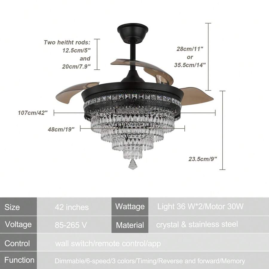 42" Black Dimmable LED Fandelier With Light Modern LED Crystal Ceiling Fan With Light Invisible ...