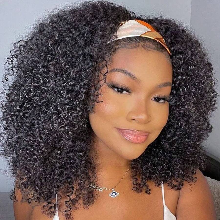 Afro Kinky Curly Headband Wig Human Hair 180% Density Afro Wigs For ...