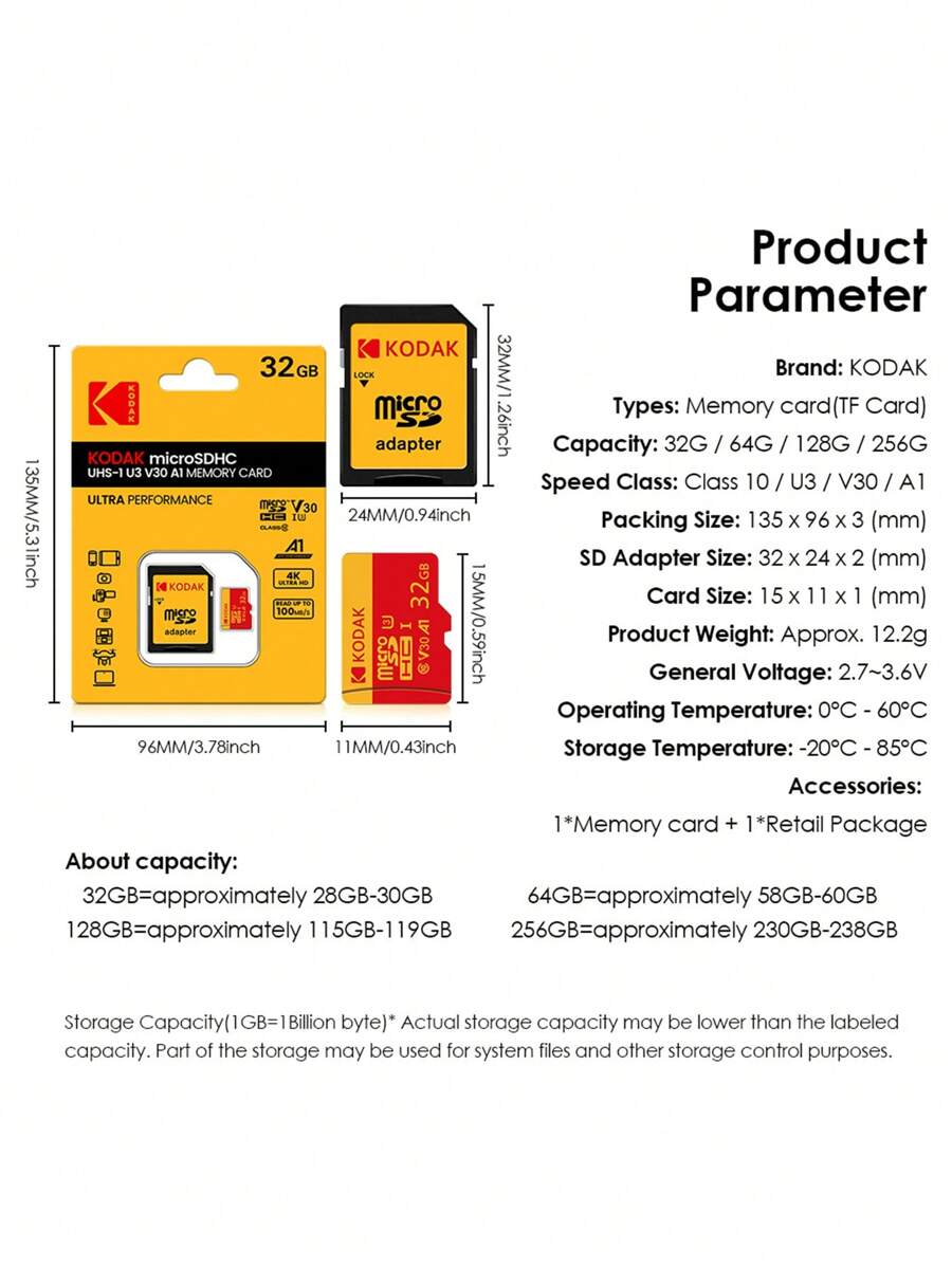 KODAK Rot Gelbe Micro SD Karte TF Speicherkarte 32GB 64GB 128GB 256GB U3 Klasse 10 Blitzlicht ...