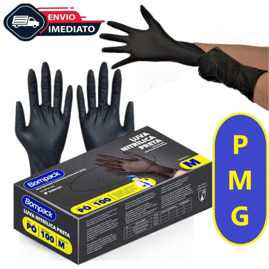 Kit 100 Luvas Nitrílicas sem pó pretas descartáveis com CA P M G ...