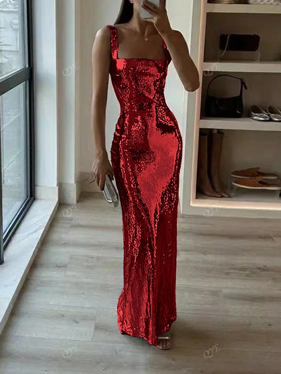 Metallic Sequin Square Neck Fishtail Backless Sleeveless Party Dress ...