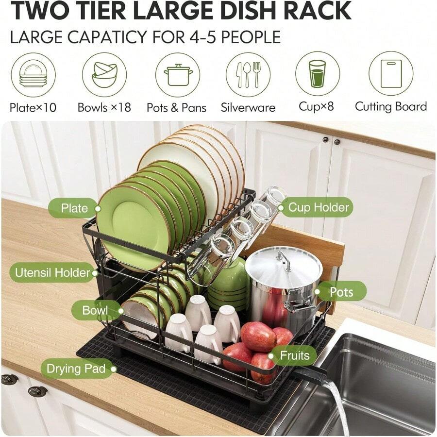 2-Tier Dish Drainer, Countertop Dish Drainer, Stainless Steel Dish Rack With Rotating Drainer ...