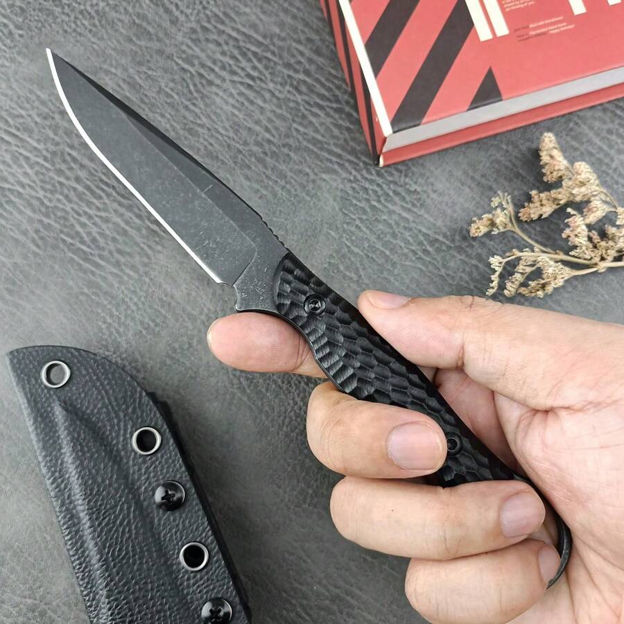 Outdoor TOOR Tactical Straight Fixed Knife D2 Black Stonewashed Blade ...