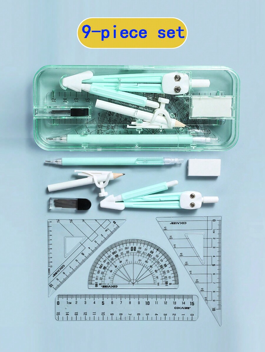 9pcs/Set Student Compass Ruler Set, Includes Protractor, Triangle Ruler ...