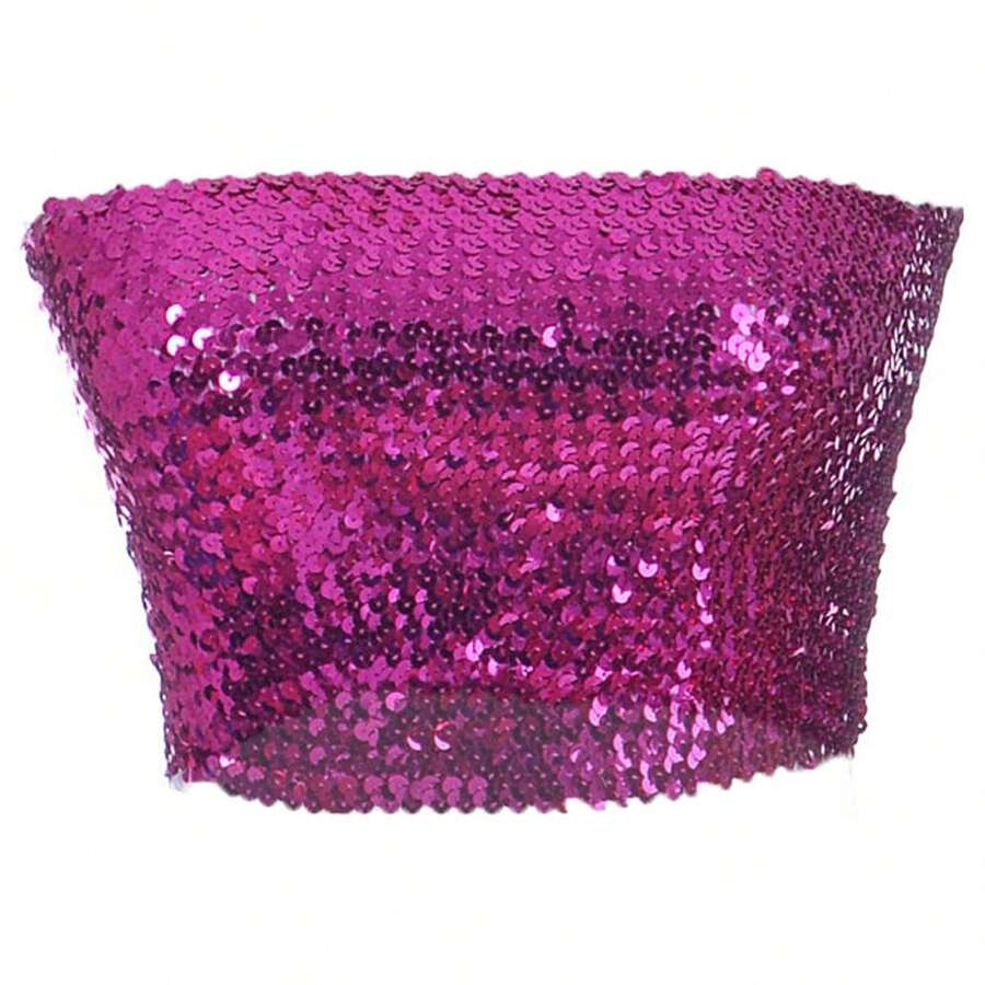 Womens Shiny Sequin Party Cropped Strapless Bandeau Stretch Tube Top ...