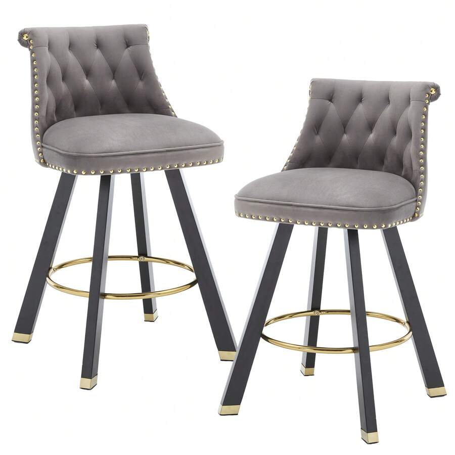 Wooden Bar Chair Set Of 2,Back Pull Point Design, Velvet Material, 360 ...