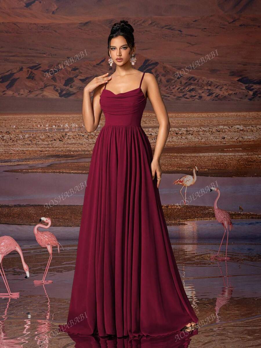 AOSHABABI Red Solid Color Pleated Chiffon Elegant Formal Evening Dress ...