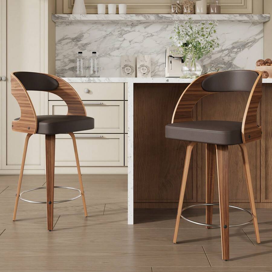 Modern Bar Stools Set Of 2, PU Leather Upholstered Barstool With Curved ...