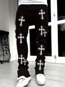 Men's Casual Street Cross Print Jeans Long Stretch Fit Flared Jeans ...