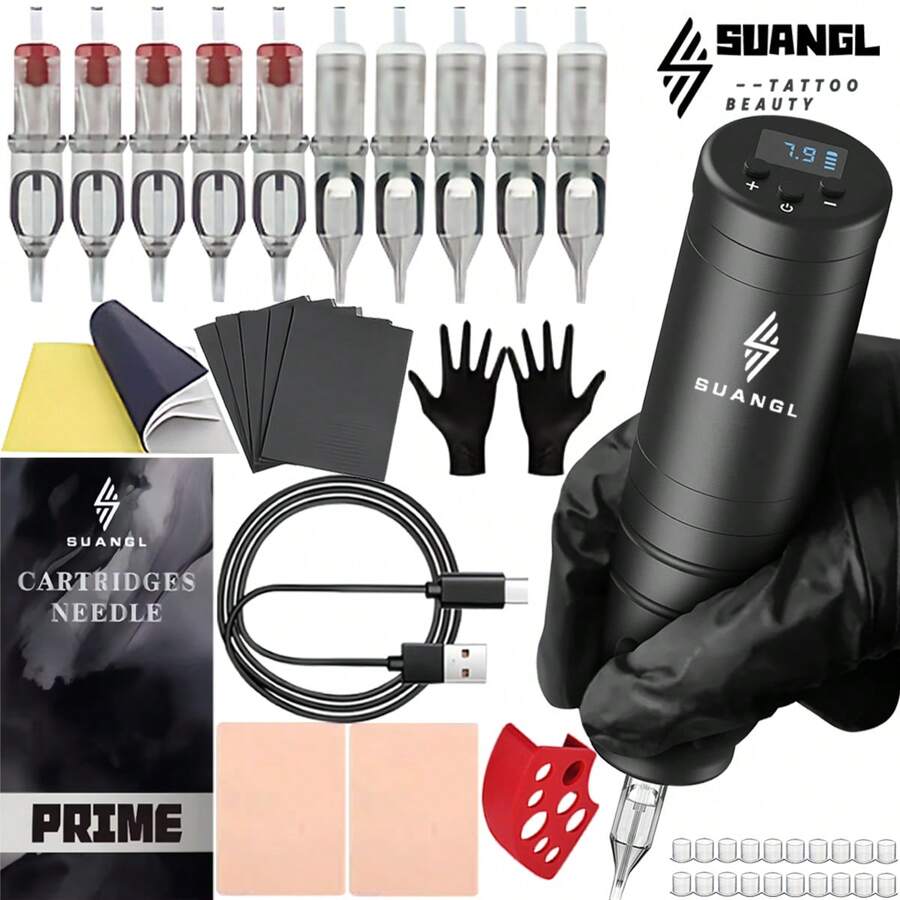 1 Set SUANGL Wireless Tattoo Machine Kit With Rotary Tattoo Pen And ...