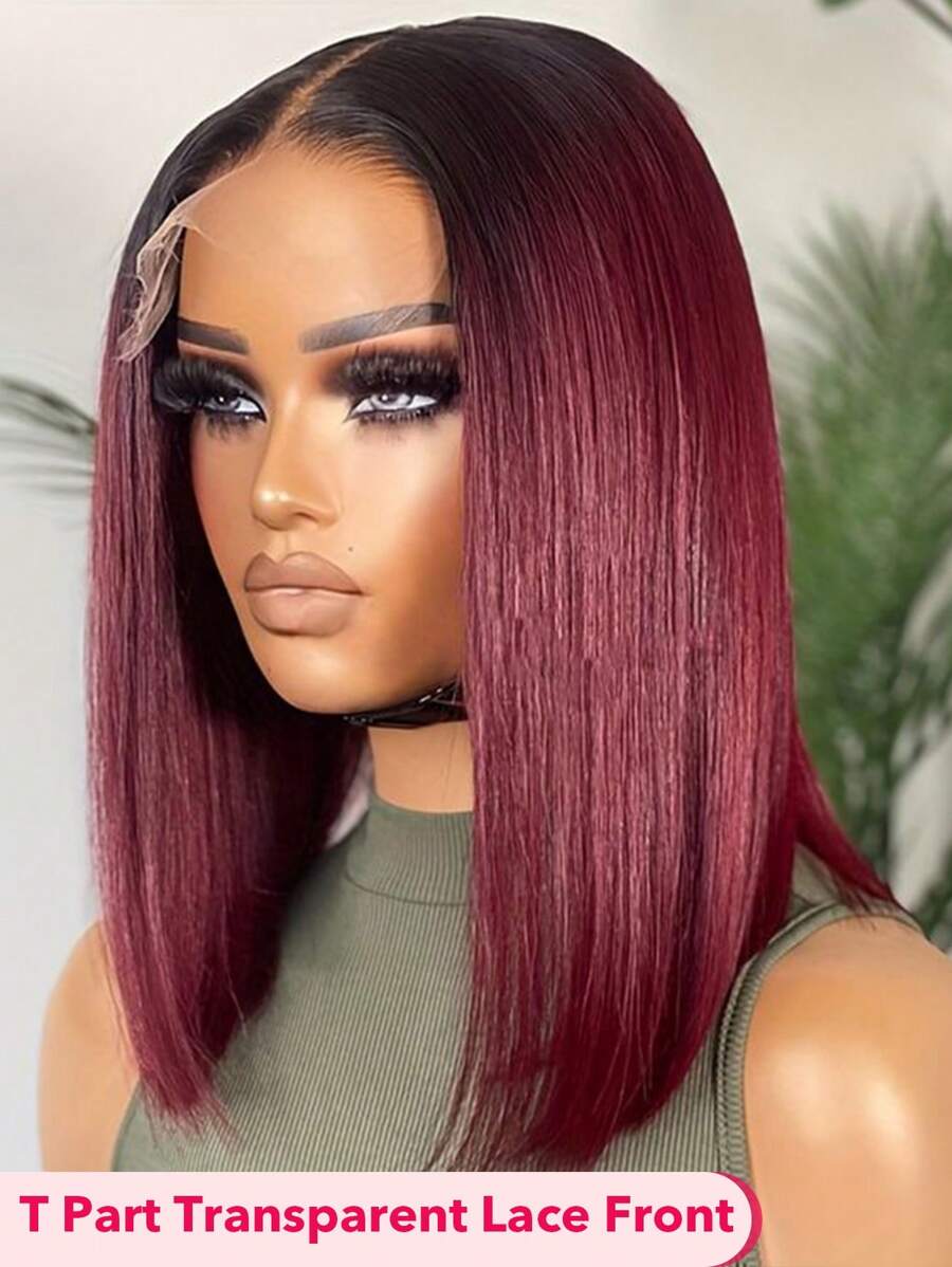 Perruque courte de type "T-part" avec devant en dentelle, dégradé dégradé 1B/99J bordeaux ...