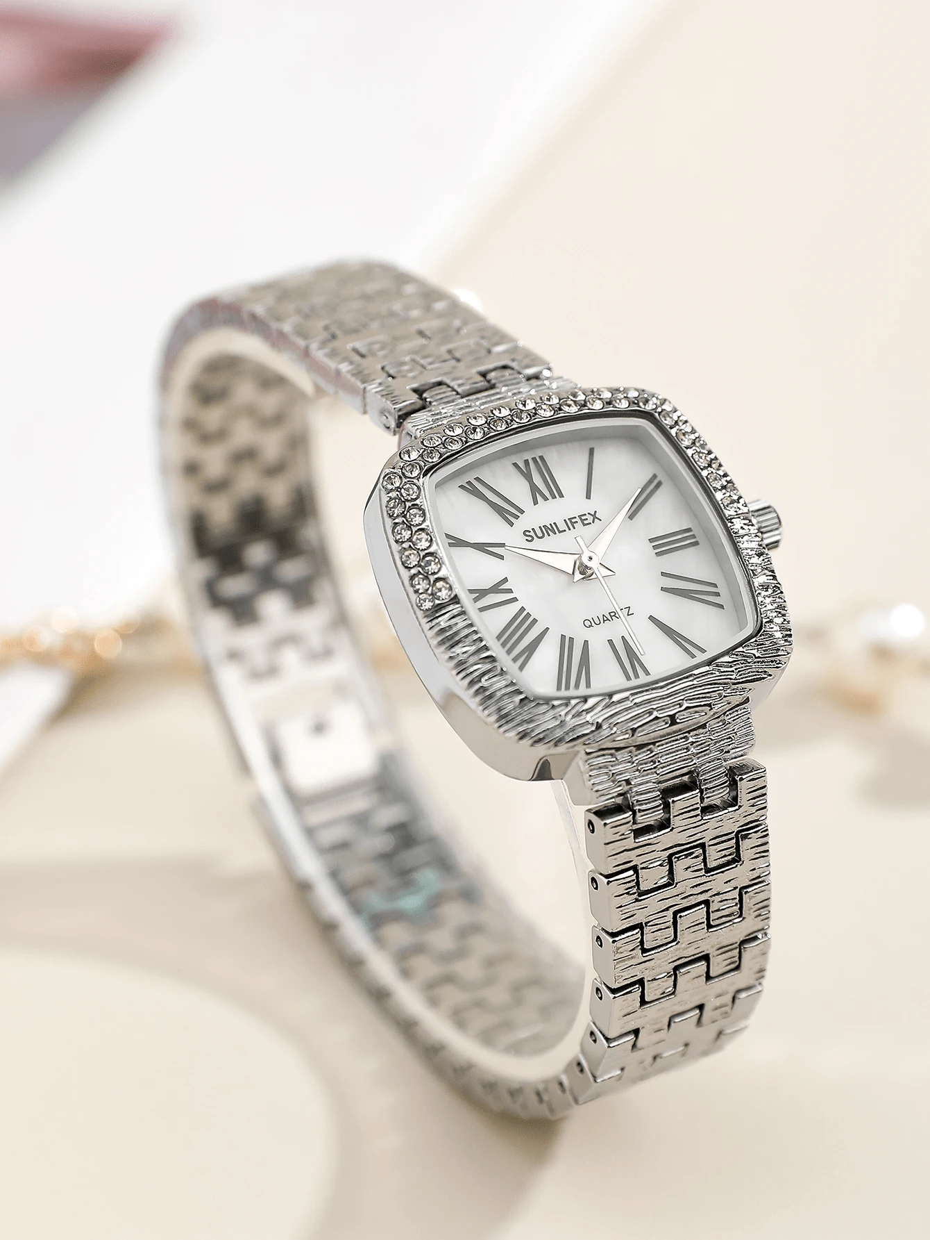 Luxury Diamond Encrusted Steel Band Elegant Square Dial Watch, Comes ...